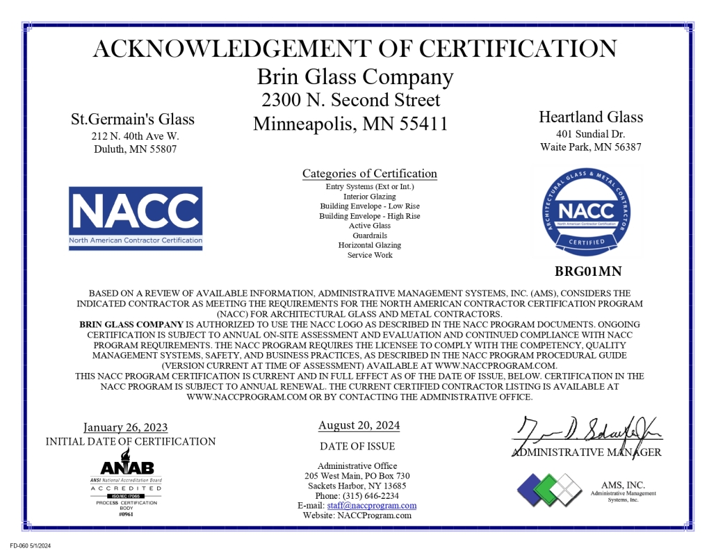 NACC Certification - Brin Glass Company